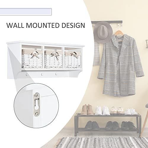 HOMCOM 32" Coat Rack Wall Mounted with Shelf, Rustic Entryway Storage Organizer with 3 Hooks 3 Baskets for Hats - Antique White