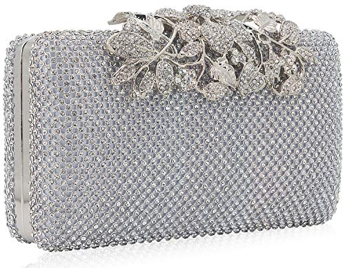 MagicLove Womens Evening Bag with Flower Closure Rhinestone Crystal Clutch Purse for Wedding Party Silver