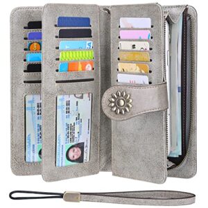 lavemi womens large capacity genuine leather rfid blocking wallets wristlet clutch card holder(1- gray)