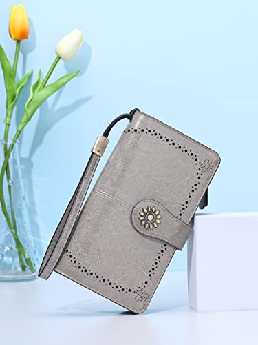 Lavemi Womens Large Capacity Genuine Leather RFID Blocking Wallets Wristlet Clutch Card Holder(1- Gray)