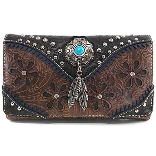 Justin West Cowgirl Leather Cut Concealed Carry Feather Concho Country Vintage Western Handbag Purse Wallet Set (Chestnut Brown)