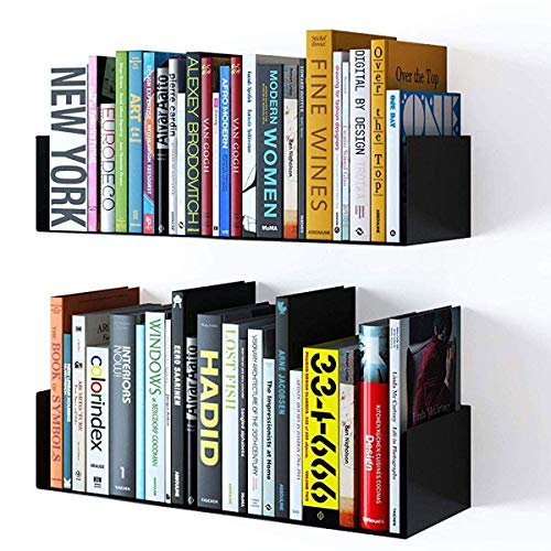 Wallniture Bali Floating Wall Mount Metal U Shape Shelf Book CD DVD Storage Display Bookcase Black Set of 2