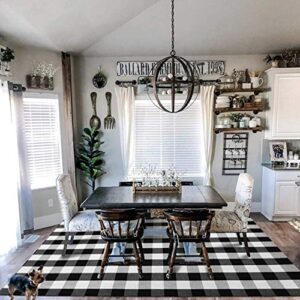 earthall buffalo plaid rug black and white 5×7 area rug, cotton hand-woven washable indoor outdoor area rug farmhouse/dining room/bedroom/living room rug retro lattice checkered carpet (59”x78”)