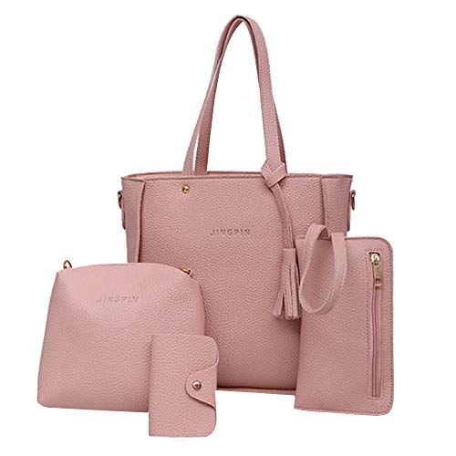 4pcs Set Tassel Handbags Fashion Satchel Bags Shoulder Purses Wallet Top Handle Work Bags (Pink)