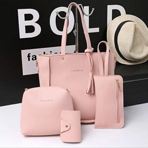 4pcs Set Tassel Handbags Fashion Satchel Bags Shoulder Purses Wallet Top Handle Work Bags (Pink)