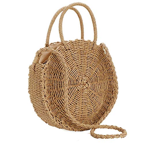 Gets Straw Beach Bag for Women Handmade Weave Straw Handbag Round Summer Shoulder Bag (2 Coffee Color)