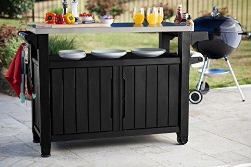 Keter Unity XL Portable Outdoor Table and Storage Cabinet with Hooks for Grill Accessories-Stainless Steel Top for Patio Kitchen Island or Bar Cart, Dark Grey