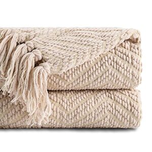 battilo home beige throw blanket for couch, textured knitted boho throw blanket with tassels, couch cover blanket warm decorative tan throw blanket for sofa living room, 50″ x 60″