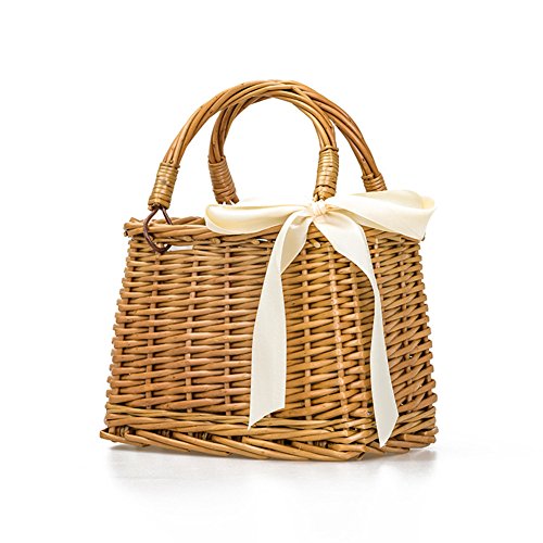 QTMY Bow Rattan Woven Bag Straw Bags Top Handle Wicker Baskets Handbags Boho Style Beach Bag Flower Basket