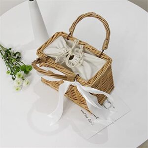 QTMY Bow Rattan Woven Bag Straw Bags Top Handle Wicker Baskets Handbags Boho Style Beach Bag Flower Basket