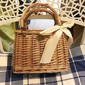 QTMY Bow Rattan Woven Bag Straw Bags Top Handle Wicker Baskets Handbags Boho Style Beach Bag Flower Basket