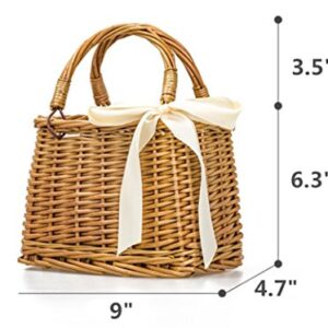 QTMY Bow Rattan Woven Bag Straw Bags Top Handle Wicker Baskets Handbags Boho Style Beach Bag Flower Basket