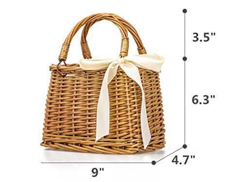 QTMY Bow Rattan Woven Bag Straw Bags Top Handle Wicker Baskets Handbags Boho Style Beach Bag Flower Basket