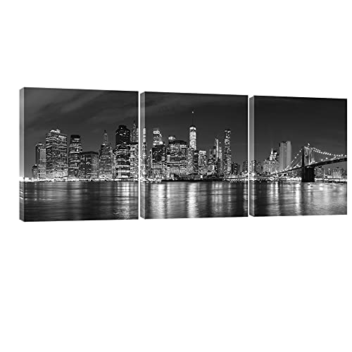 Pyradecor New York City Skyline Night Modern 3 Panel Stretched and Framed Black and White Cityscape Giclee Canvas Prints Pictures Paintings on Wall Art for Living Room Bedroom Home Decorations