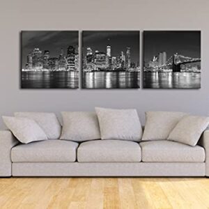 Pyradecor New York City Skyline Night Modern 3 Panel Stretched and Framed Black and White Cityscape Giclee Canvas Prints Pictures Paintings on Wall Art for Living Room Bedroom Home Decorations