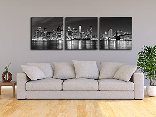 Pyradecor New York City Skyline Night Modern 3 Panel Stretched and Framed Black and White Cityscape Giclee Canvas Prints Pictures Paintings on Wall Art for Living Room Bedroom Home Decorations