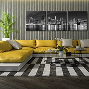 Pyradecor New York City Skyline Night Modern 3 Panel Stretched and Framed Black and White Cityscape Giclee Canvas Prints Pictures Paintings on Wall Art for Living Room Bedroom Home Decorations