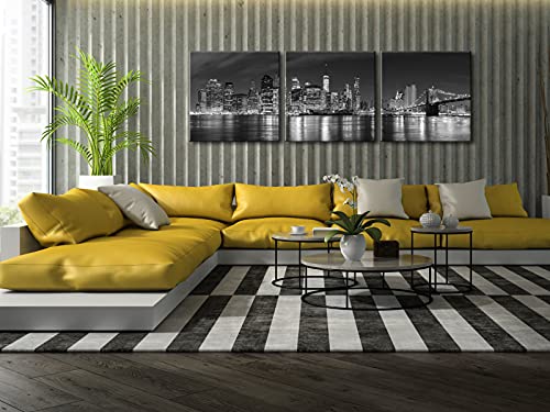 Pyradecor New York City Skyline Night Modern 3 Panel Stretched and Framed Black and White Cityscape Giclee Canvas Prints Pictures Paintings on Wall Art for Living Room Bedroom Home Decorations