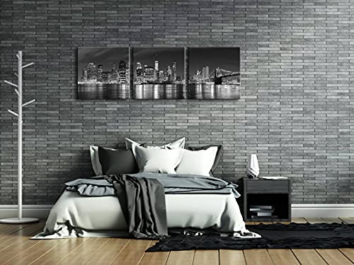 Pyradecor New York City Skyline Night Modern 3 Panel Stretched and Framed Black and White Cityscape Giclee Canvas Prints Pictures Paintings on Wall Art for Living Room Bedroom Home Decorations