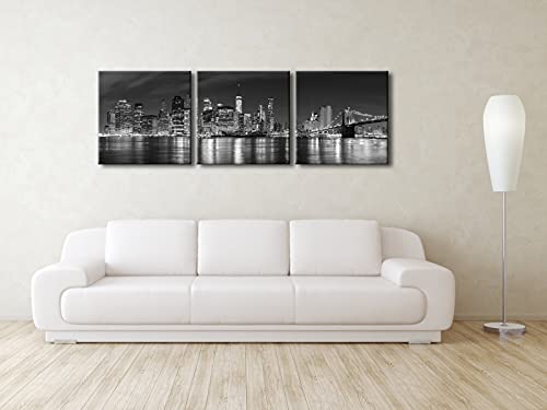 Pyradecor New York City Skyline Night Modern 3 Panel Stretched and Framed Black and White Cityscape Giclee Canvas Prints Pictures Paintings on Wall Art for Living Room Bedroom Home Decorations