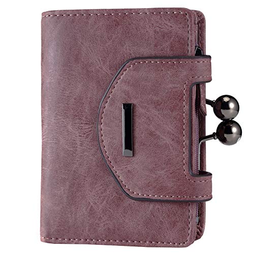 Fanaztee Women's Small Leather Fashion Compact Bifold Purse Wallet with Stylish Kiss Lock Coin Pouch