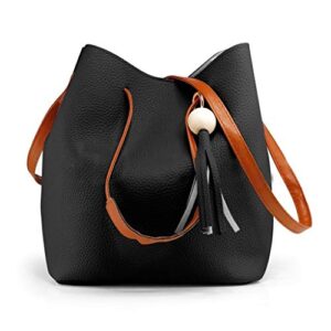 2pcs Set Women Purse Handbags Tassel Shoulder Bag Tote Satchel Hobo Bag School Shopping Work Bag for Ladies (Black)