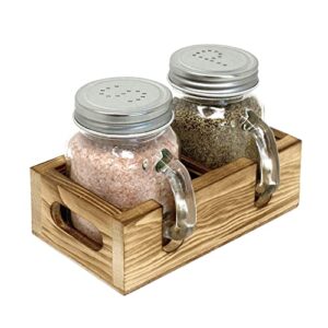 mason jar salt and pepper shakers set with wood caddy, easy to clean & refill for farmhouse kitchen table, rustic home decor and gifts