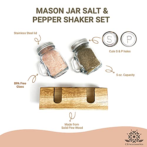 Mason Jar Salt and Pepper Shakers Set with Wood Caddy, Easy to Clean & Refill for Farmhouse Kitchen Table, Rustic Home Decor and Gifts