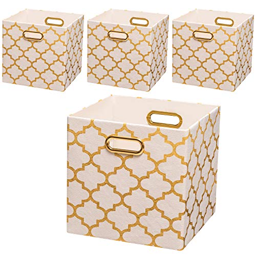 Posprica Collapsible Storage Bins,11×11 Fabric Storage Baskets, Set of 4, Cream-Gold Lantern