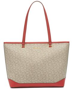 calvin klein mercy signature top zip tote, textured almond/taupe/maraschino