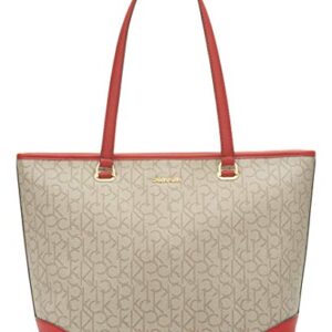 Calvin Klein Mercy Signature Top Zip Tote, Textured Almond/Taupe/Maraschino