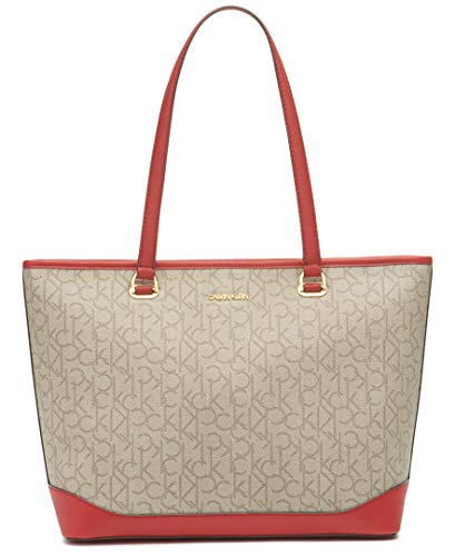 Calvin Klein Mercy Signature Top Zip Tote, Textured Almond/Taupe/Maraschino