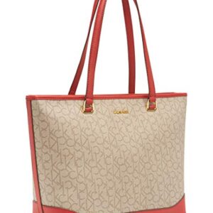 Calvin Klein Mercy Signature Top Zip Tote, Textured Almond/Taupe/Maraschino