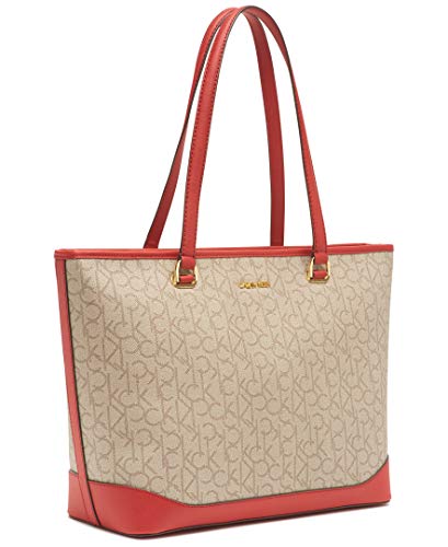 Calvin Klein Mercy Signature Top Zip Tote, Textured Almond/Taupe/Maraschino