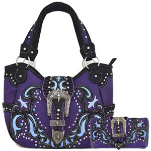 western style belts buckle studded concealed carry purse laser cut handbags women shoulder bag wallet set (purple set)