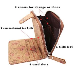 boshiho Vegan Cork Wallet, Women’s Purse Slim Zipper Design with Card Holder Coin Pocket Purse Eco-friendly Vegan Gift (Cork)