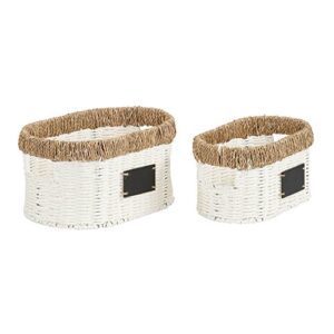 household essentials natural rim oval set paper rope and seagrass (2 piece) small wicker basket, white