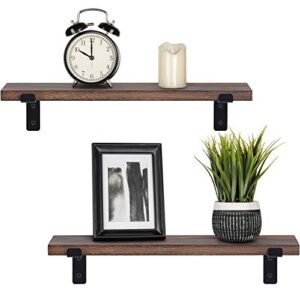 mkono floating shelves wall mounted rustic wood wall shelf modern storage shelving with l brackets for home decor bathroom bedroom living room kitchen office set of 2, brown, 17″