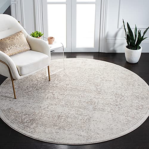 SAFAVIEH Evoke Collection 6'7" Round Ivory / Taupe EVK256E Oriental Distressed Non-Shedding Dining Room Entryway Foyer Living Room Bedroom Area Rug