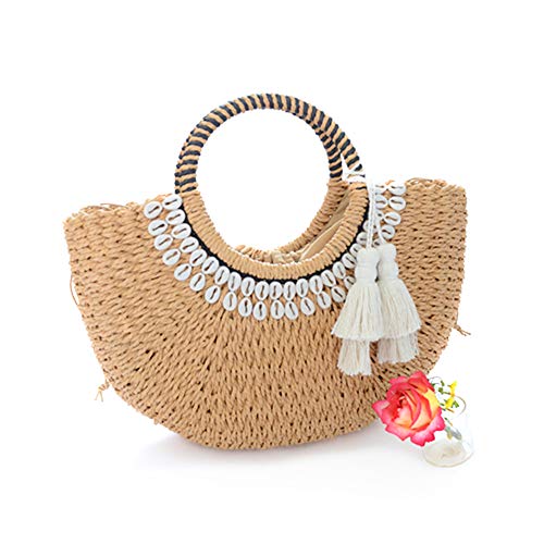 QTKJ Semi-circle Beach Rattan Straw Handbags with Tassels Pendant, Simple Retro Fashion Hand-woven Summer Beach Tote Straw Bag Purse with Sea Shell for Women