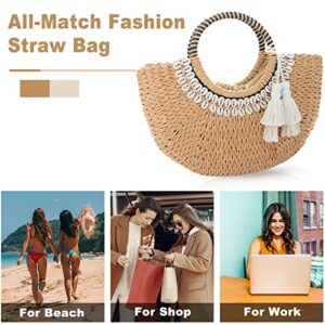 QTKJ Semi-circle Beach Rattan Straw Handbags with Tassels Pendant, Simple Retro Fashion Hand-woven Summer Beach Tote Straw Bag Purse with Sea Shell for Women