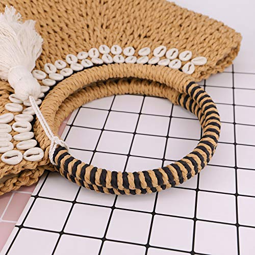 QTKJ Semi-circle Beach Rattan Straw Handbags with Tassels Pendant, Simple Retro Fashion Hand-woven Summer Beach Tote Straw Bag Purse with Sea Shell for Women