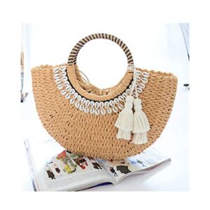 QTKJ Semi-circle Beach Rattan Straw Handbags with Tassels Pendant, Simple Retro Fashion Hand-woven Summer Beach Tote Straw Bag Purse with Sea Shell for Women