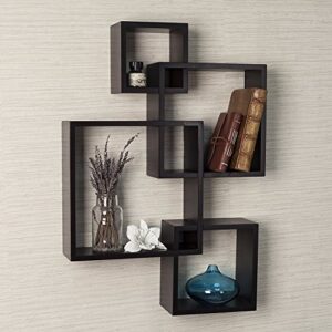 henf wooden interweave floating wall mounted shelves, 4 cube intersecting wall mounted floating shelves for living room bedroom entryway hallway bathroom,black