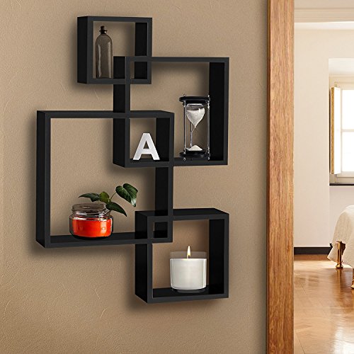 Henf Wooden Interweave Floating Wall Mounted Shelves, 4 Cube Intersecting Wall Mounted Floating Shelves for Living Room Bedroom Entryway Hallway Bathroom,Black