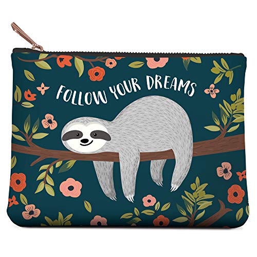 Small Zippered Pouch by Studio Oh! - Follow Your Dreams Sloth - 4.5" x 3. 25" - Faux Leather Material with Full-Color Artwork & Cotton Lining - for Makeup, Pens, Chargers & More