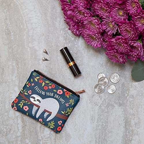 Small Zippered Pouch by Studio Oh! - Follow Your Dreams Sloth - 4.5" x 3. 25" - Faux Leather Material with Full-Color Artwork & Cotton Lining - for Makeup, Pens, Chargers & More