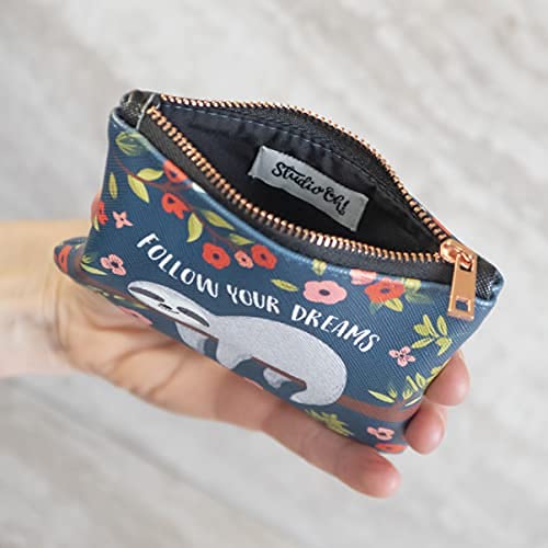 Small Zippered Pouch by Studio Oh! - Follow Your Dreams Sloth - 4.5" x 3. 25" - Faux Leather Material with Full-Color Artwork & Cotton Lining - for Makeup, Pens, Chargers & More