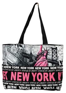 robin ruth statue of liberty ny skyline canvas tote shoulder bag black/fuschia