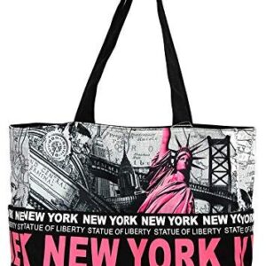 Robin Ruth Statue of Liberty NY Skyline Canvas Tote Shoulder Bag Black/Fuschia